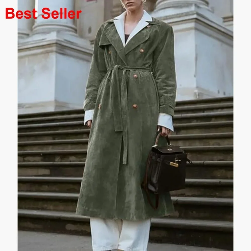 Jackets & Coats | Faux Suede Long Trench Coat Notched Lapel Double ...